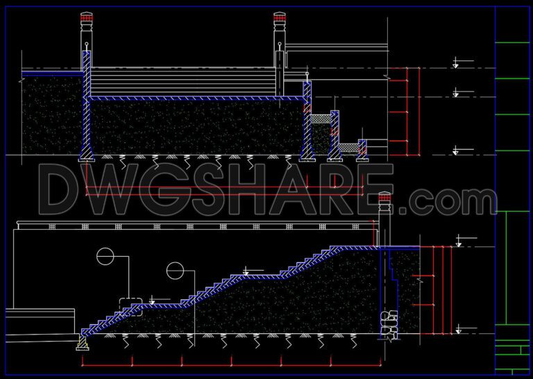 112.Autocad drawing of the detailed three-step staircase in a building ...