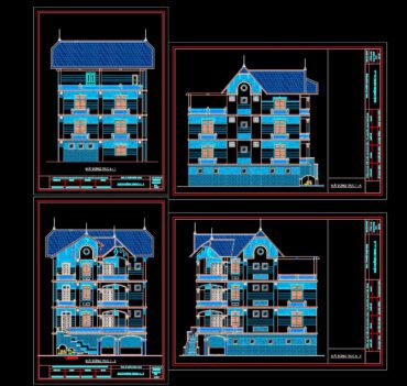 Autocad Drawing Of 4-Story House Plans, Elevations And Sections 10 ...