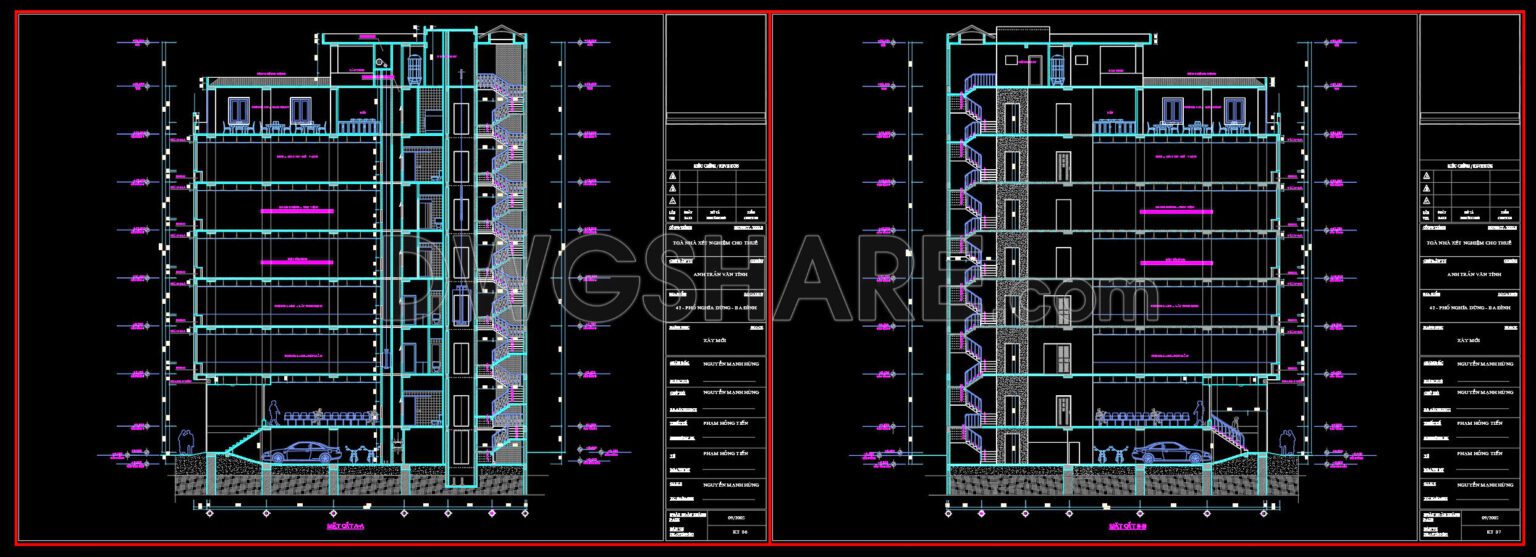 Autocad detailed design drawing of a 7-story building for rent with an ...