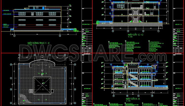 Autocad detailed design drawings of a 3-story shopping center with an ...