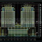 Autocad detailed elevation drawing of a 21-story twin tower commercial center available for ...