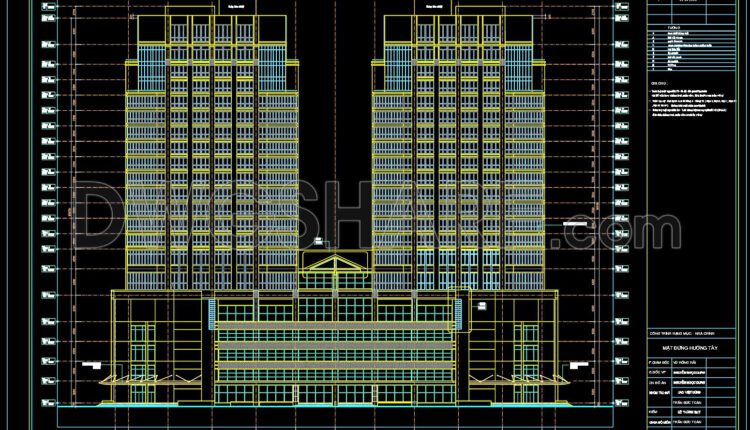 Autocad detailed elevation drawing of a 21-story twin tower commercial ...