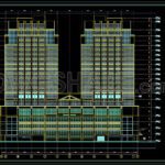 Autocad detailed elevation drawing of a 21-story twin tower commercial center available for ...