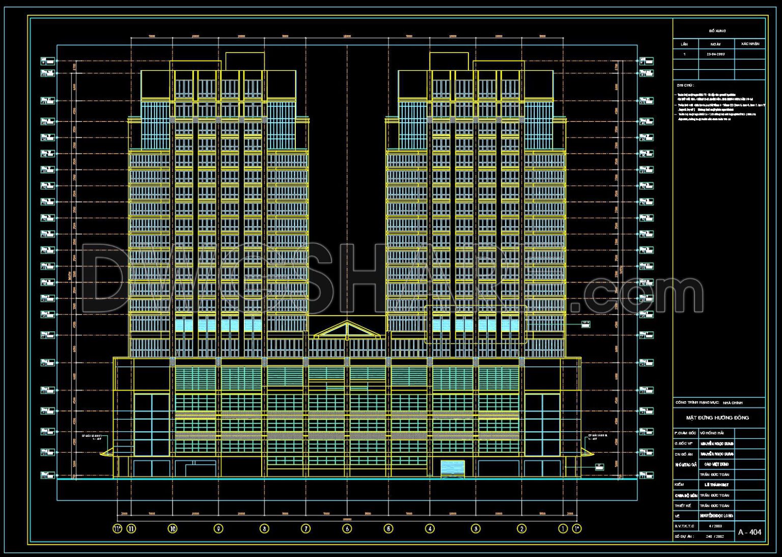 Autocad detailed elevation drawing of a 21-story twin tower commercial ...