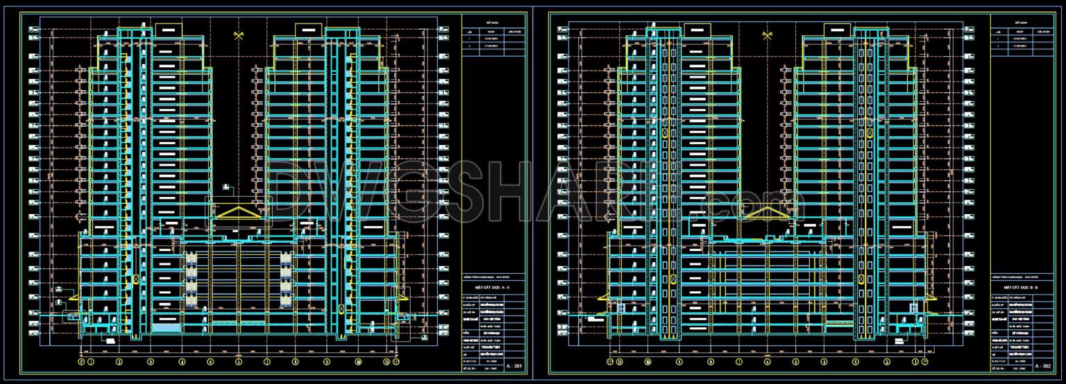 Autocad detailed section drawing of a 21-story twin tower commercial ...