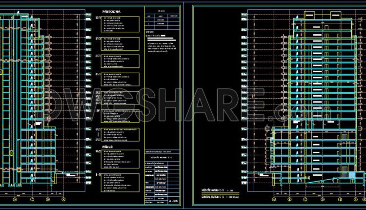 Autocad detailed section drawing of a 21-story twin tower commercial ...