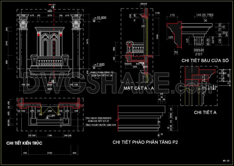 175.Detailed AutoCAD drawings of vertical elevations and classic balconies