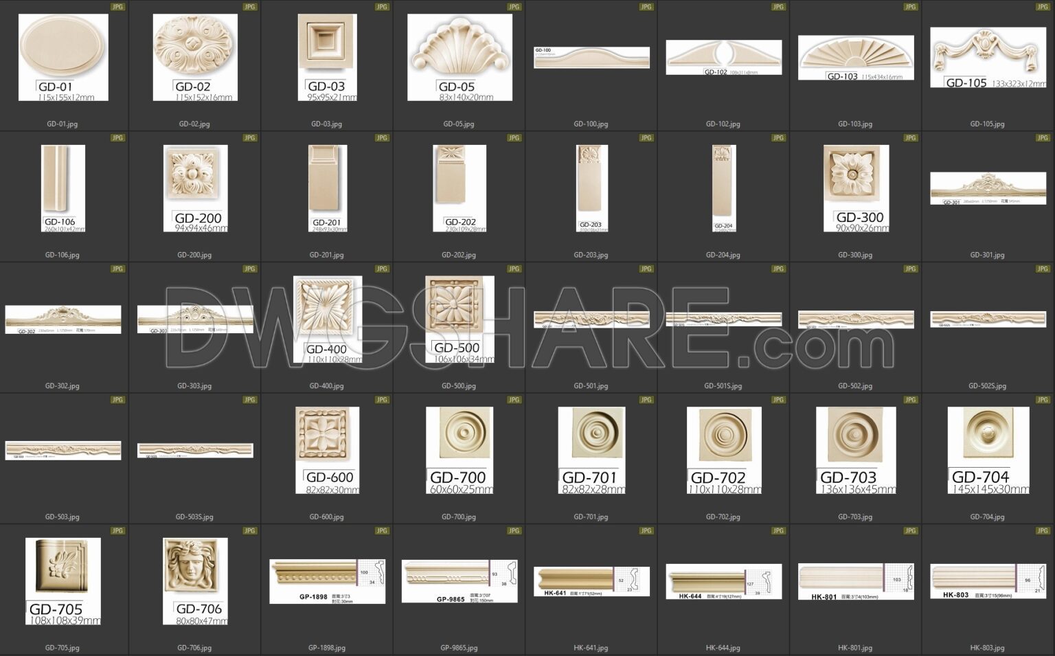 58 models of gypsum components, Roman column capitals, waist lines, and carved flowers in CAD ...