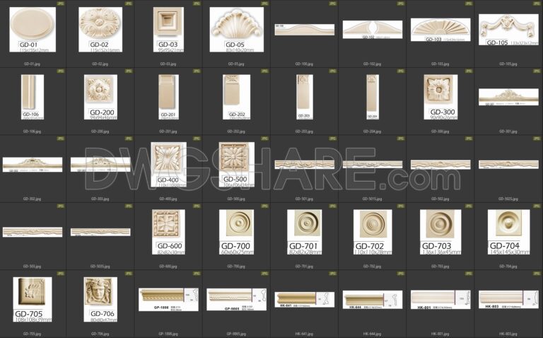 58 models of gypsum components, Roman column capitals, waist lines, and ...