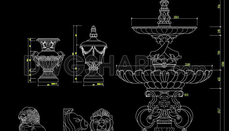 143.Autocad detailed drawings of various types of water fountains and ...