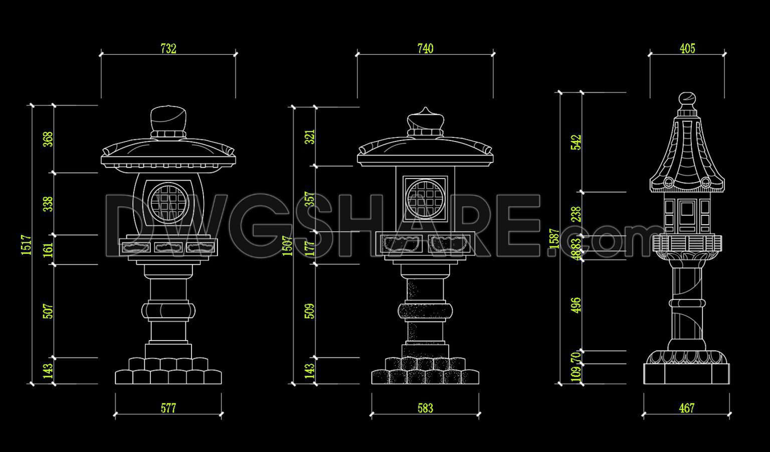 144.Autocad detailed drawings of various types of garden stone lights ...