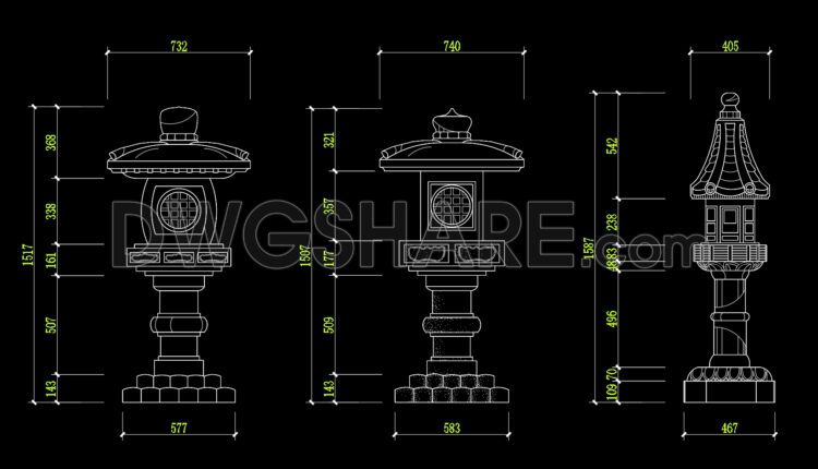 144.Autocad detailed drawings of various types of garden stone lights ...