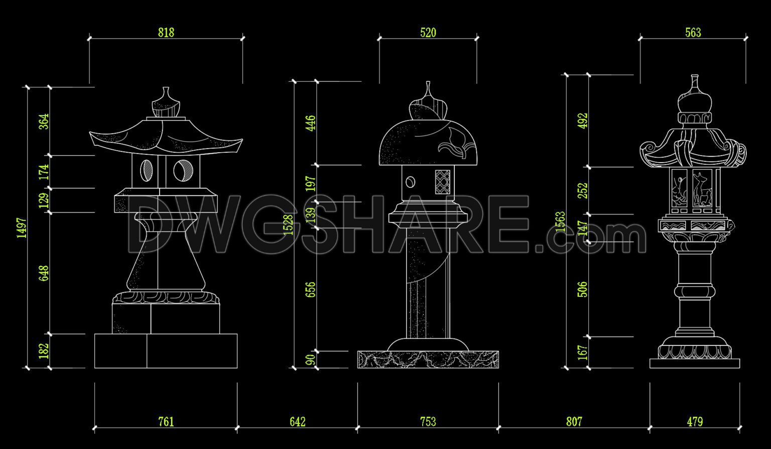 144.Autocad detailed drawings of various types of garden stone lights ...