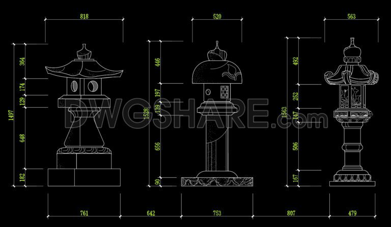 144.Autocad detailed drawings of various types of garden stone lights ...