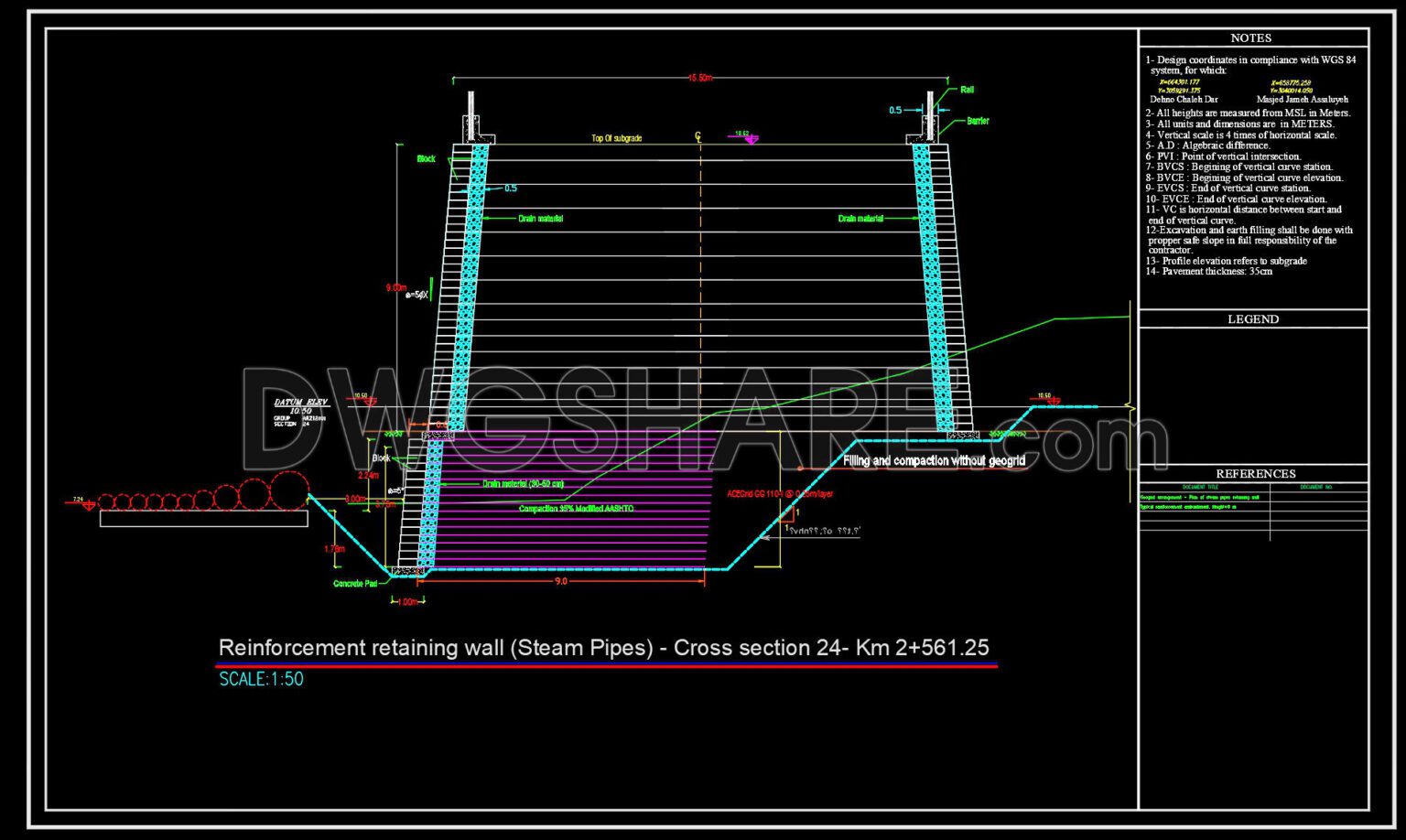 93.Autocad Drawing Of Reinforcement Retaining Wall - Steam Pipes Cross ...