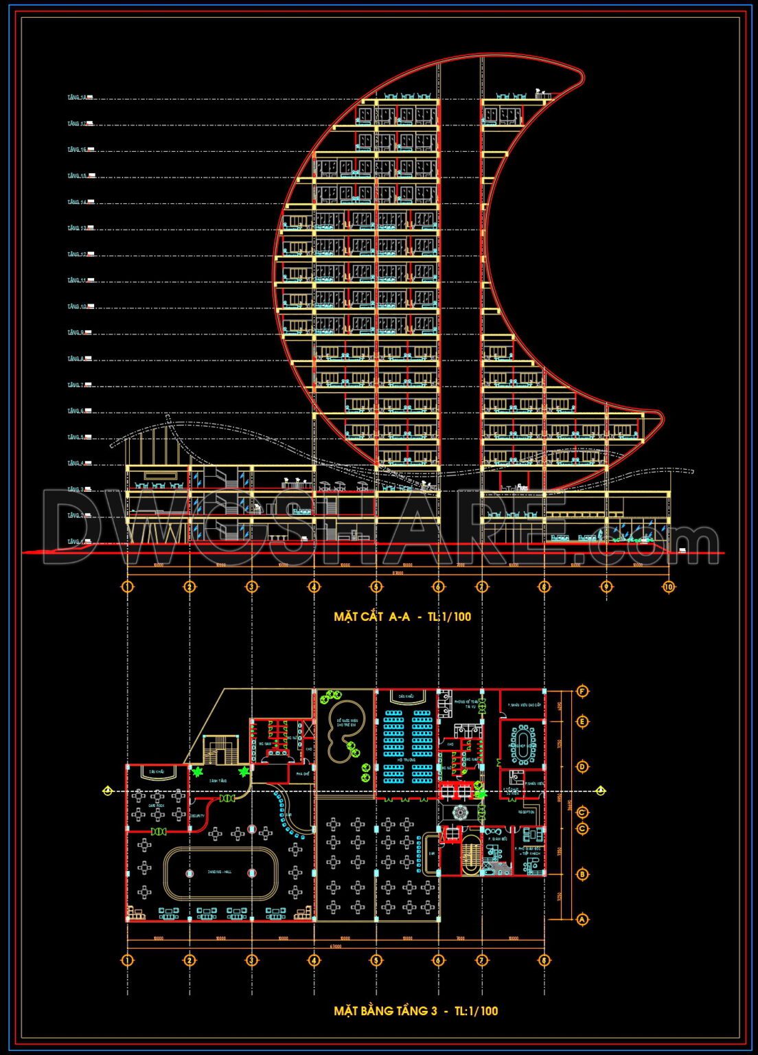 The Autocad drawings of a 18-story hotel design with an area of 46.3m x ...