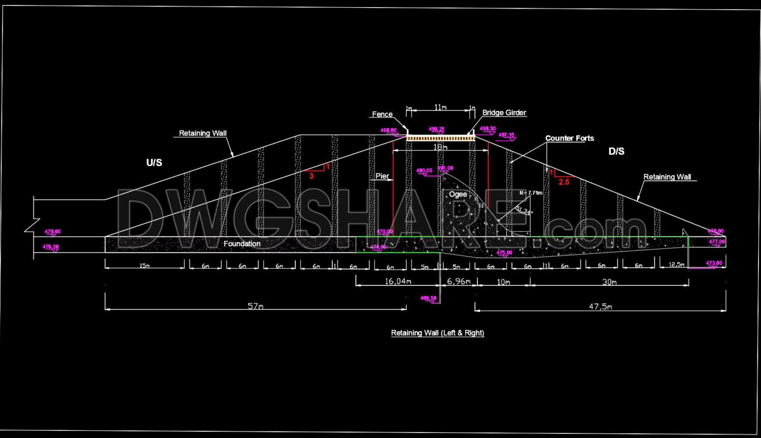 109.Autocad Drawing Of Retaining Wall Of Spillway Side Detail For Download