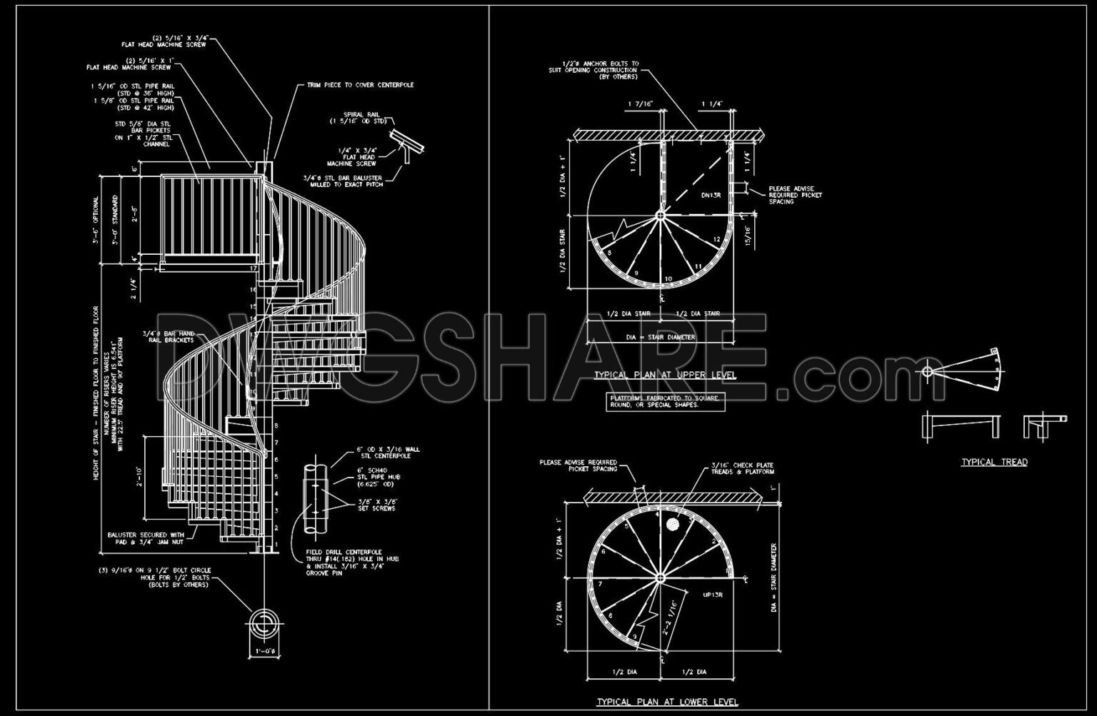113.Autocad Drawing Of Spiral Staircase Detail For Download