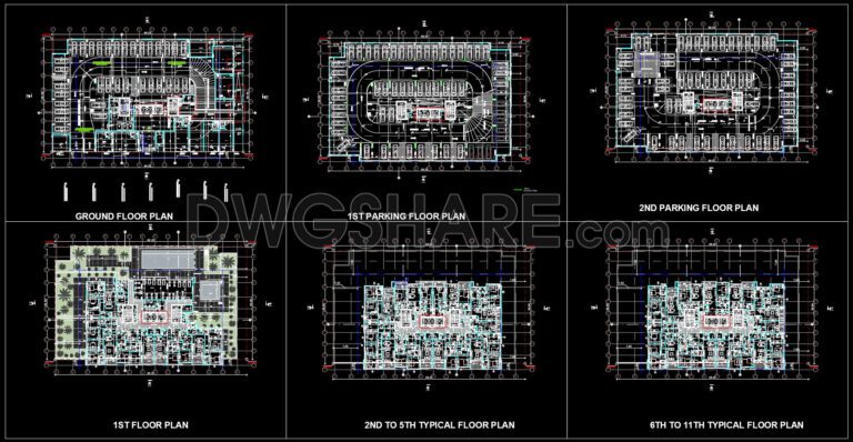 Autocad detailed drawings of a 11-story twin tower commercial center ...