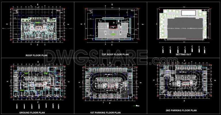 Autocad detailed drawings of a 11-story twin tower commercial center ...