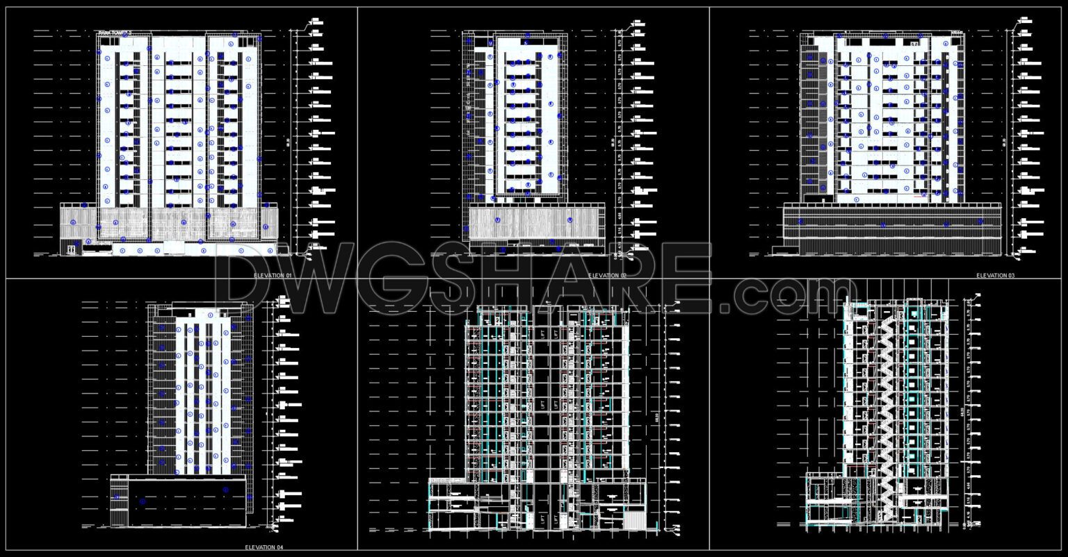 Autocad detailed drawings of a 11-story twin tower commercial center ...