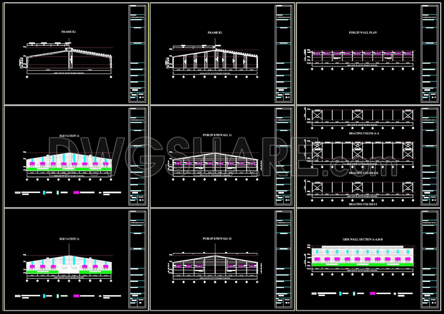 49.Autocad Drawings Of Steel Factory Plan, Sections and Elevation 50m x ...