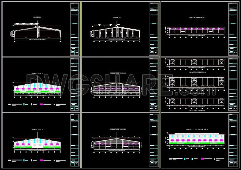 49.Autocad Drawings Of Steel Factory Plan, Sections and Elevation 50m x ...