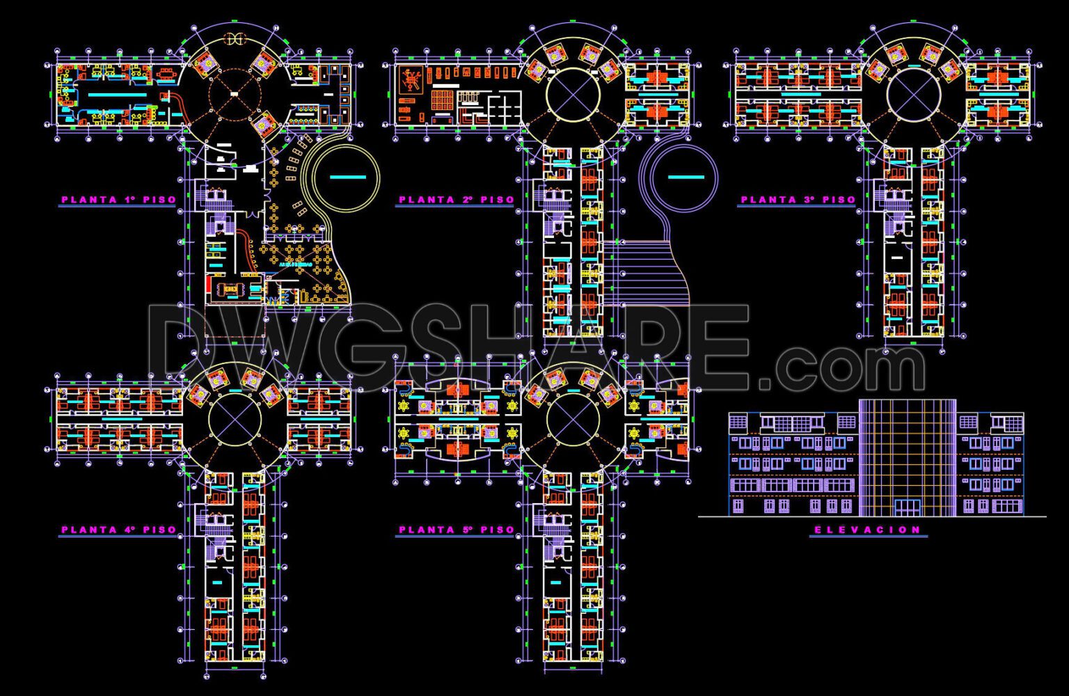 CAD drawing for the design of the functional layout of a 5-story hotel