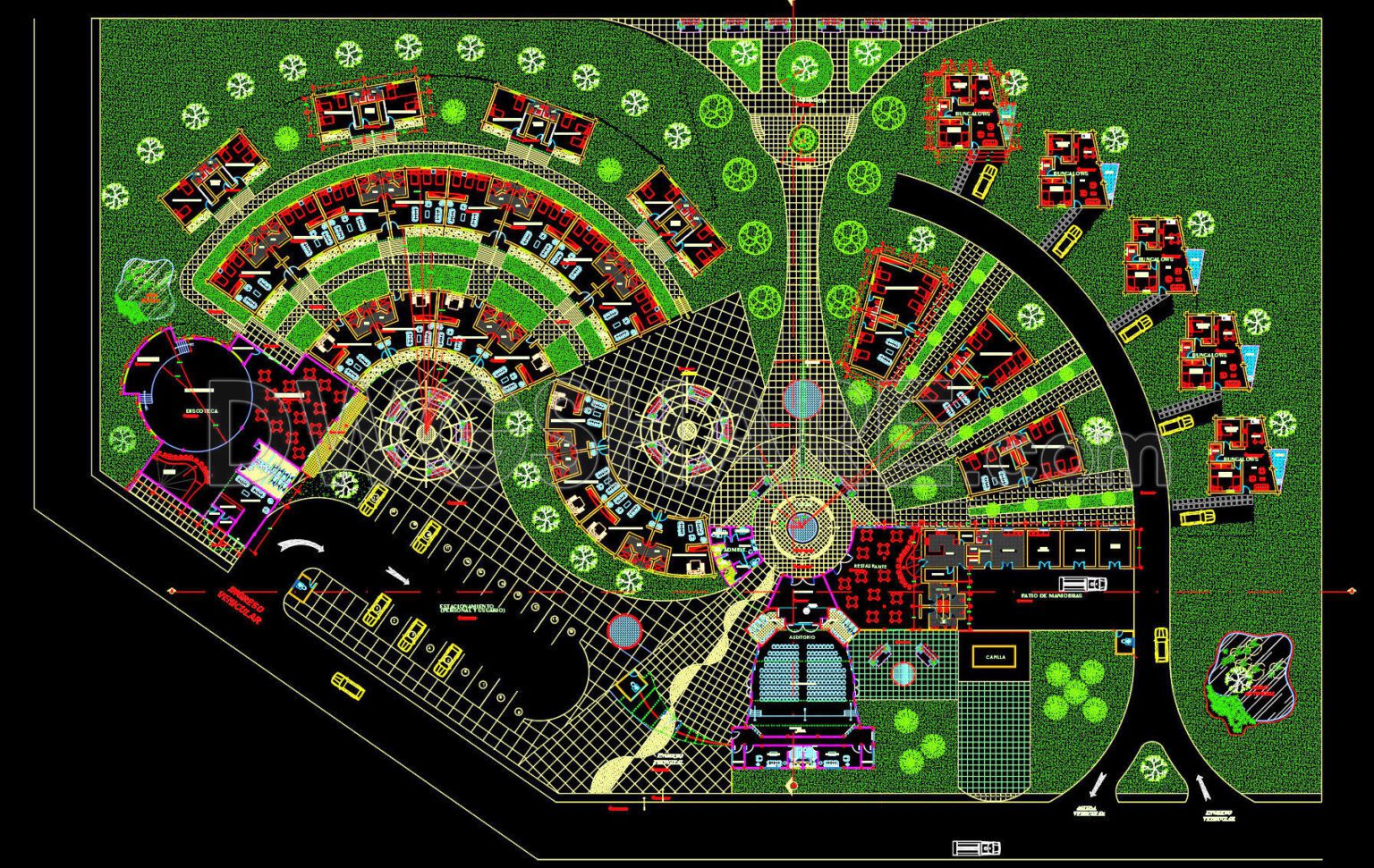 CAD drawing of a combined functional layout for a hotel and restaurant complex