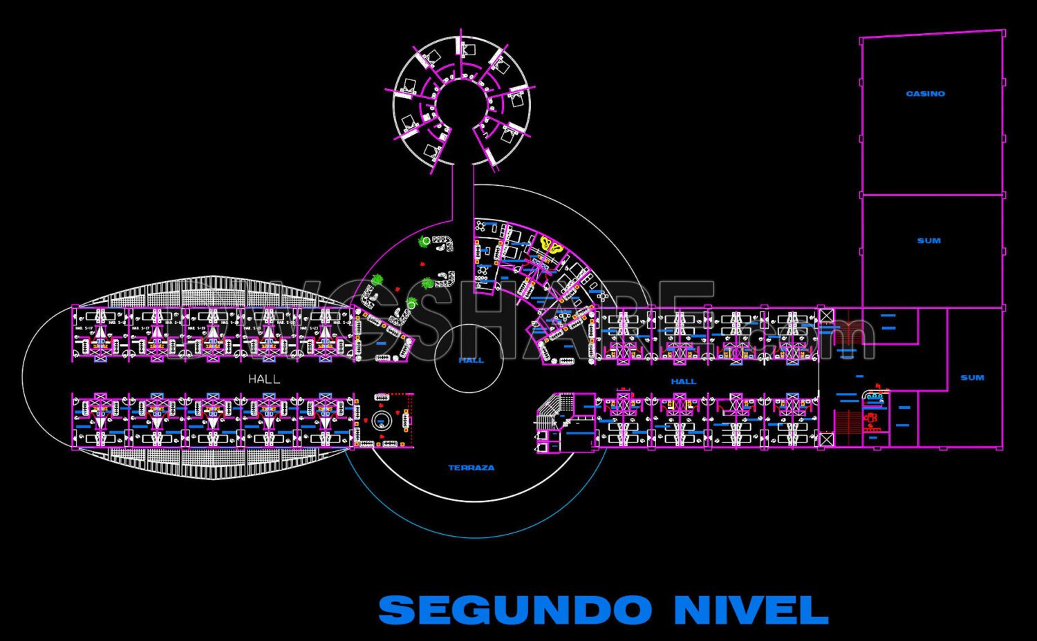 The Autocad drawings of a hotel design with an area of 72m x 39m