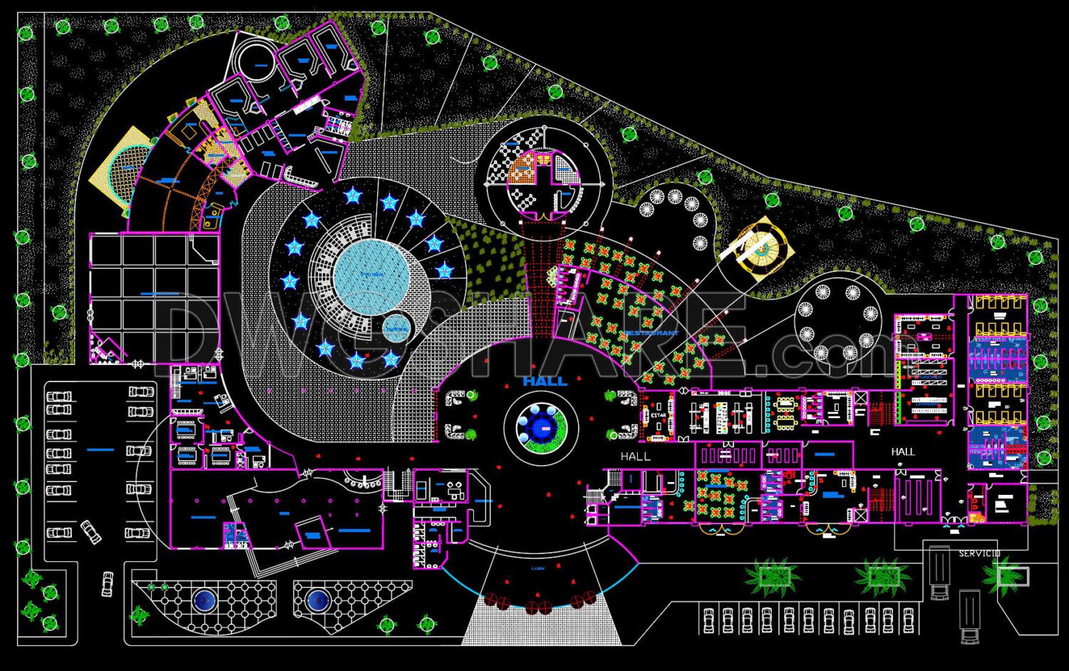 The Autocad drawings of a hotel design with an area of 72m x 39m