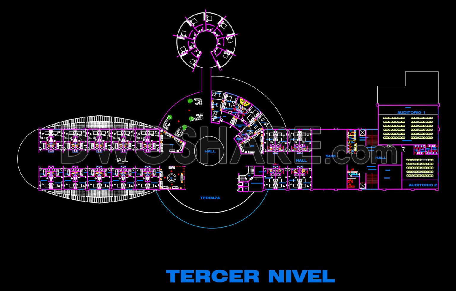 The Autocad drawings of a hotel design with an area of 72m x 39m