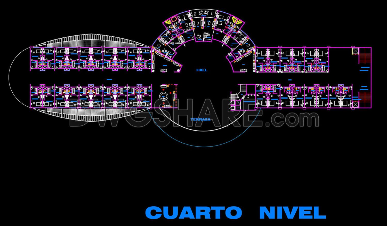 The Autocad drawings of a hotel design with an area of 72m x 39m