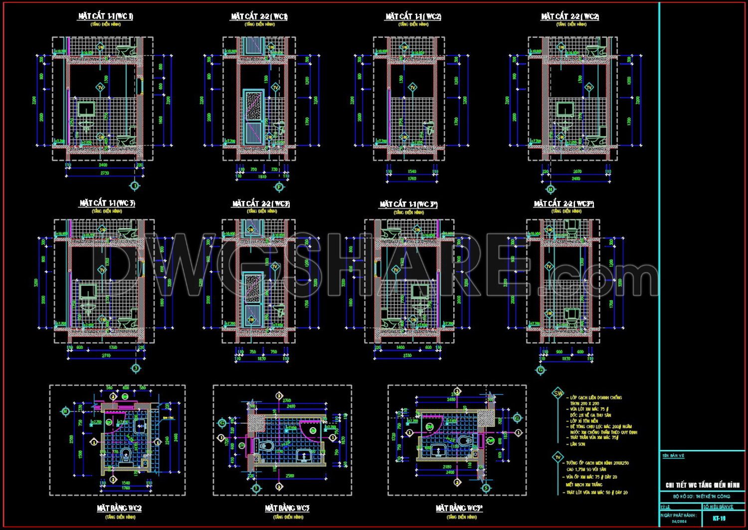 140. WC Layout Plan and elevations details CAD drawings download