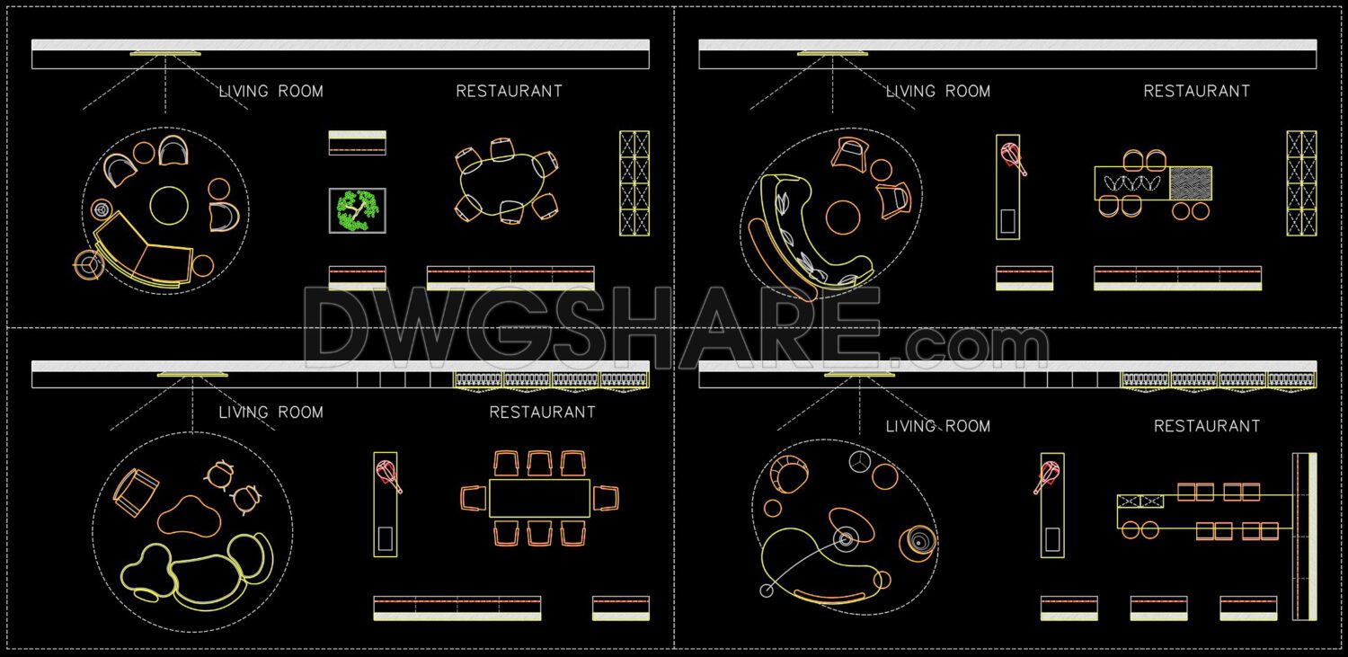 240. CAD blocks for spatial layout of living room and kitchen area