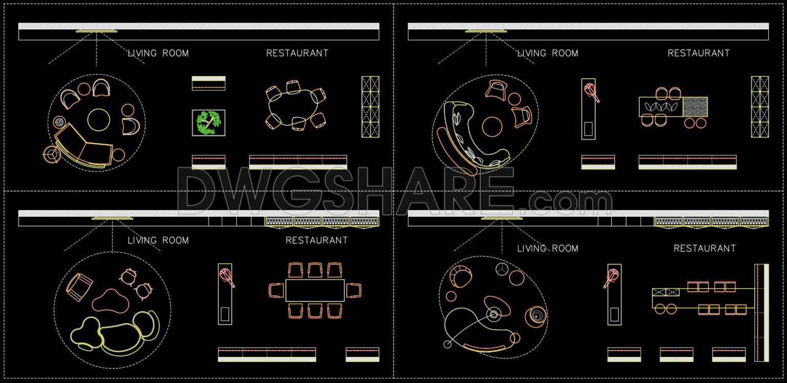 240. CAD blocks for spatial layout of living room and kitchen area