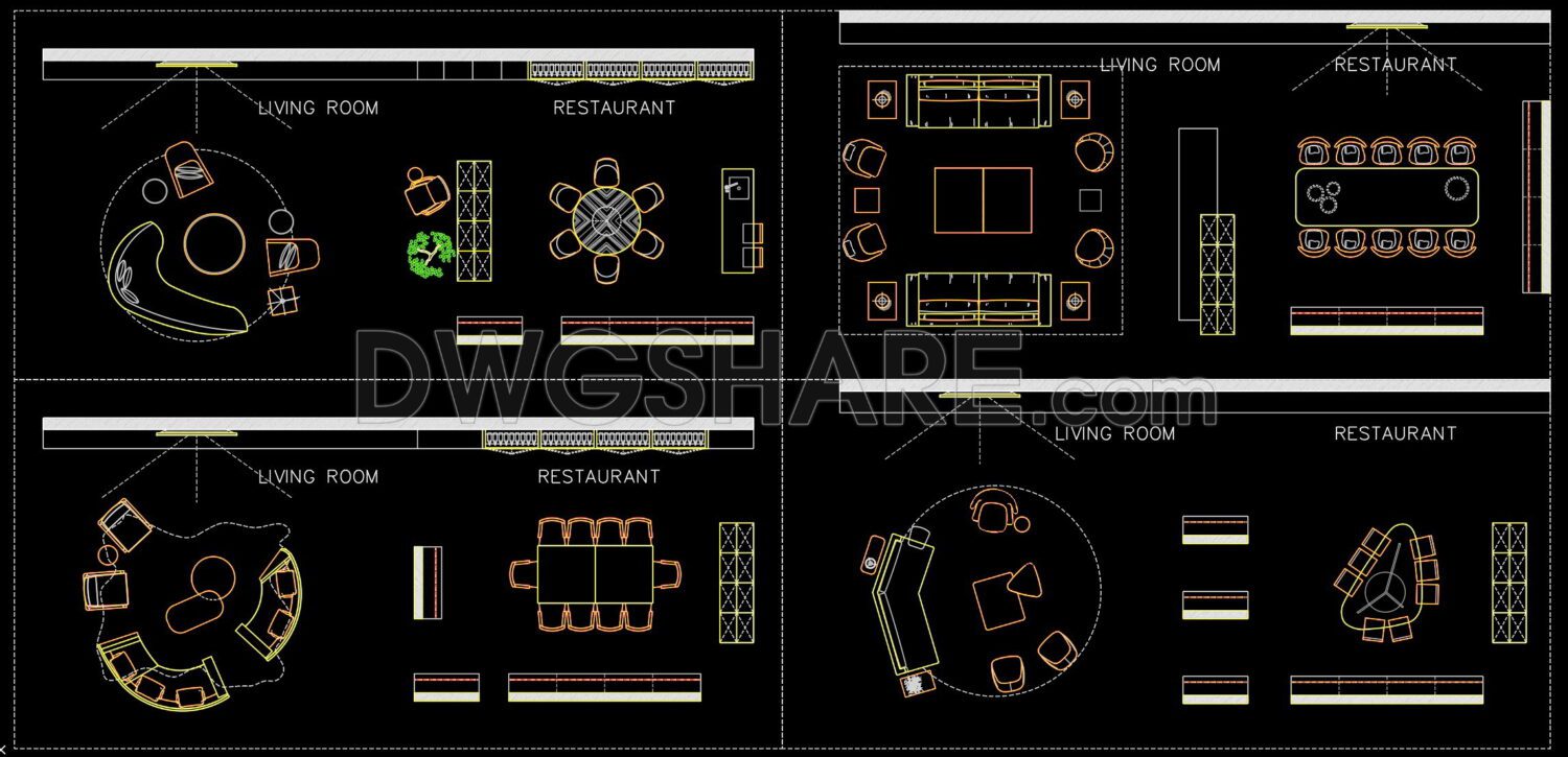 240. CAD blocks for spatial layout of living room and kitchen area