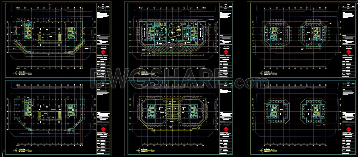 10. CAD drawings of the floor plan design for a 21-story twin tower