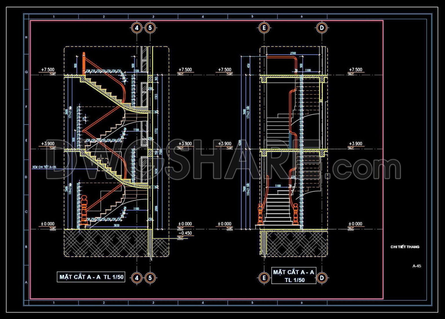 136. Detailed drawings of stairs in autocad file