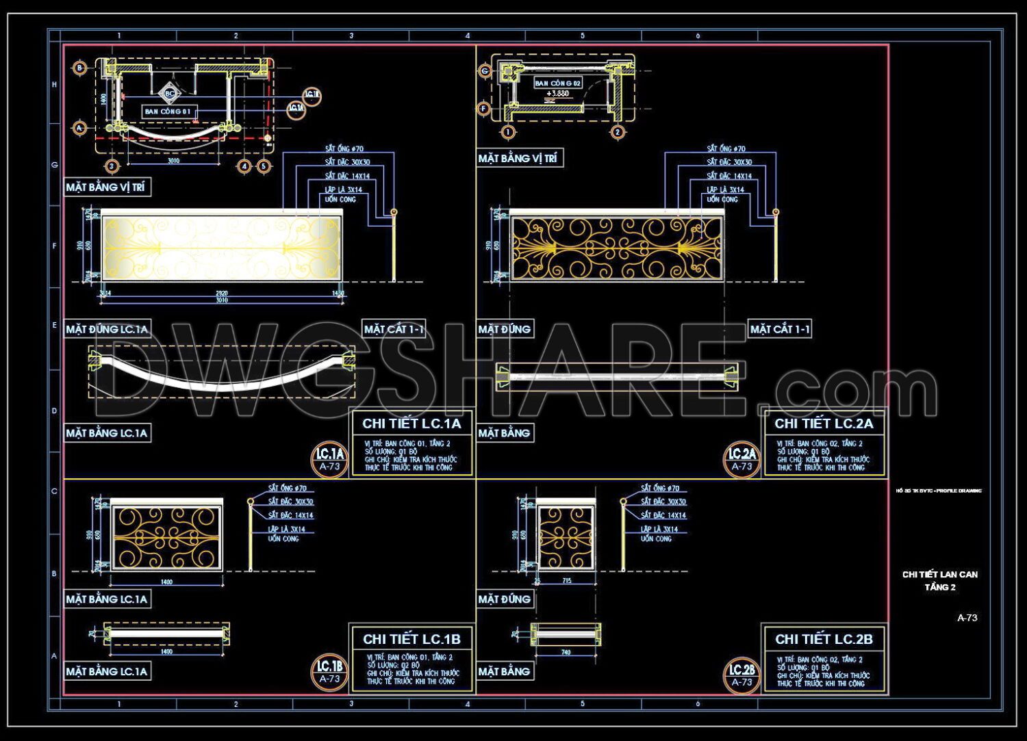 137. A detailed CAD drawing of wrought iron railing for stairs, balconies, and terraces.