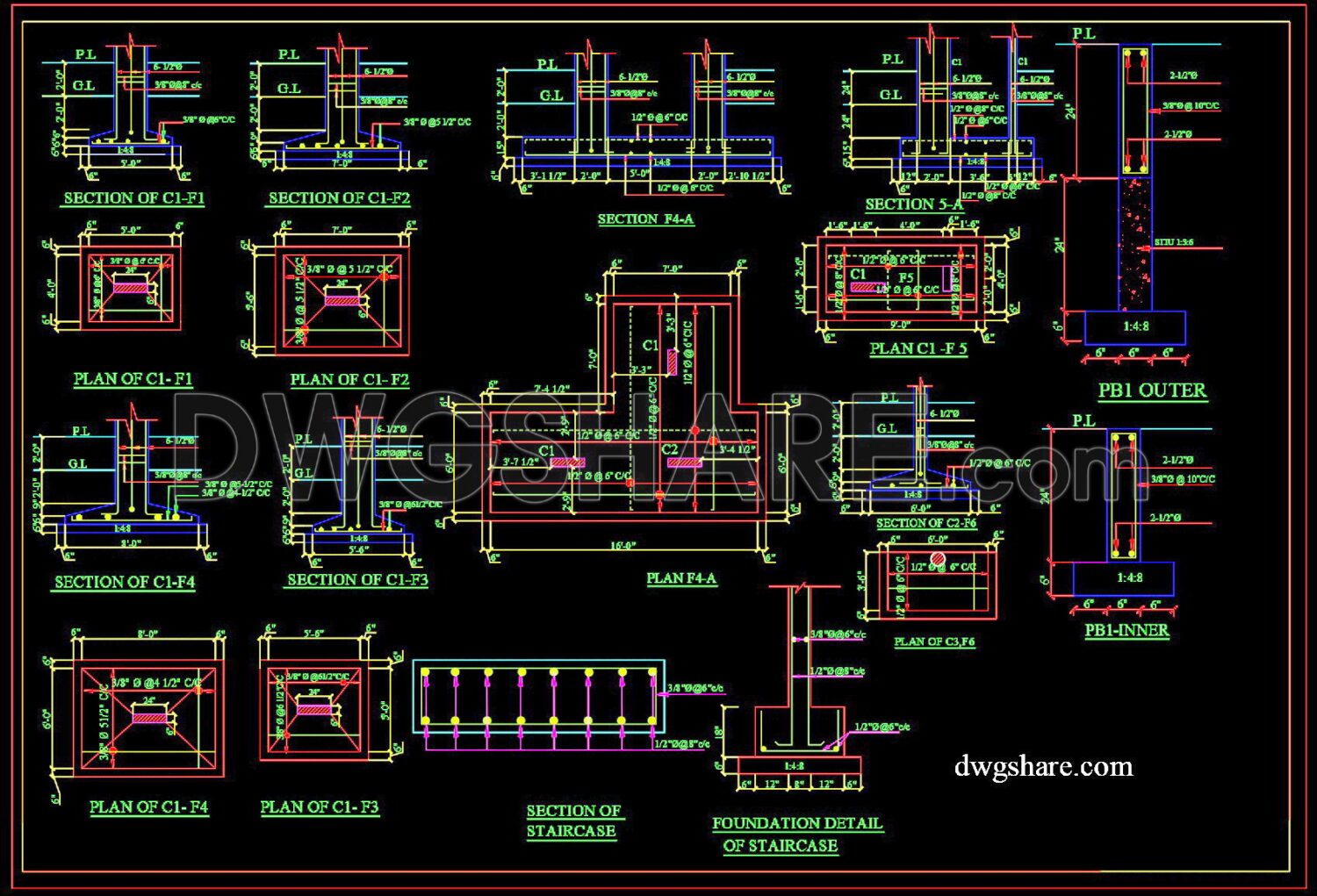 141. Cad Drawing Of Stairs Footing Plan and Sections Details For Download
