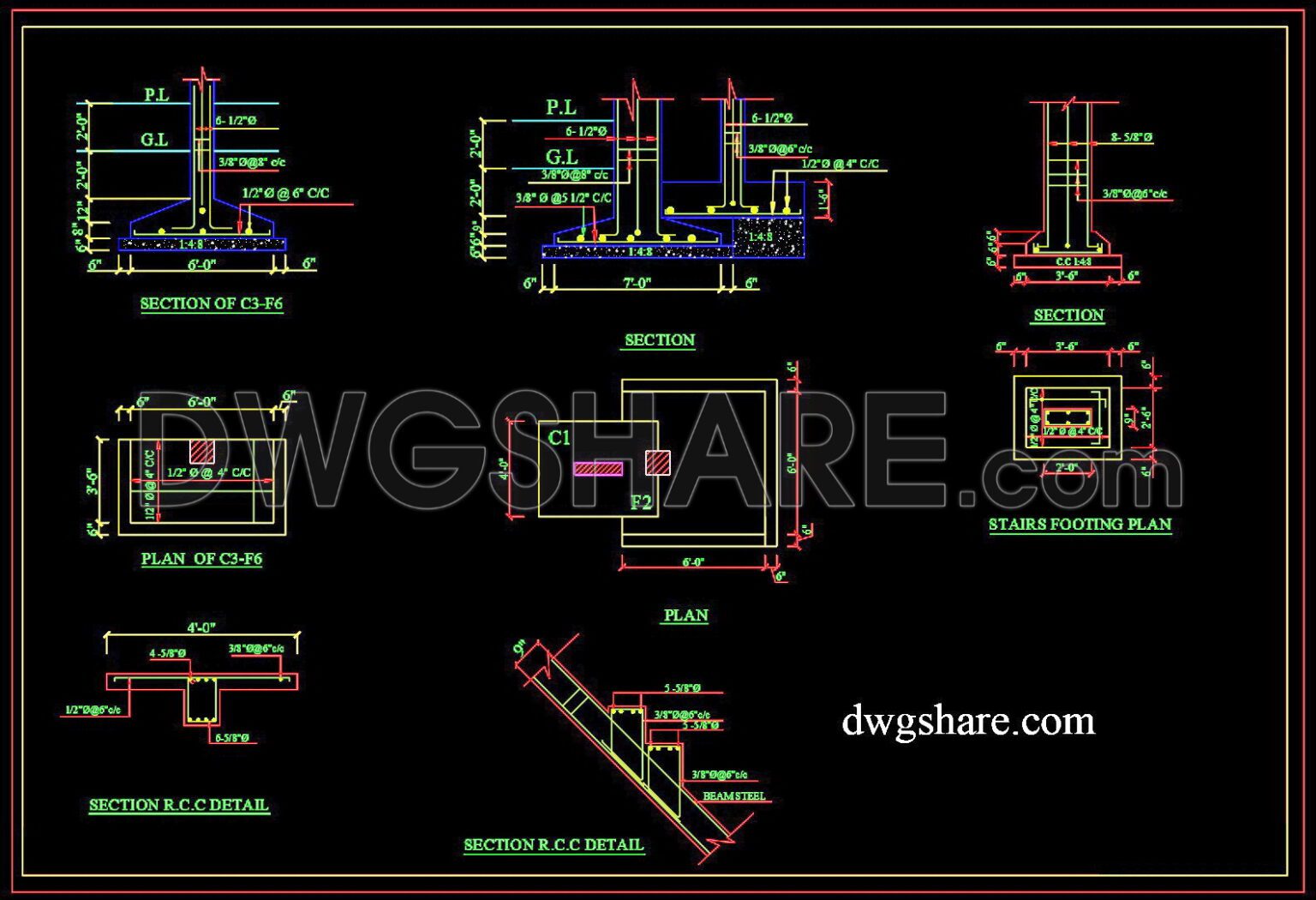 141. Cad Drawing Of Stairs Footing Plan and Sections Details For Download