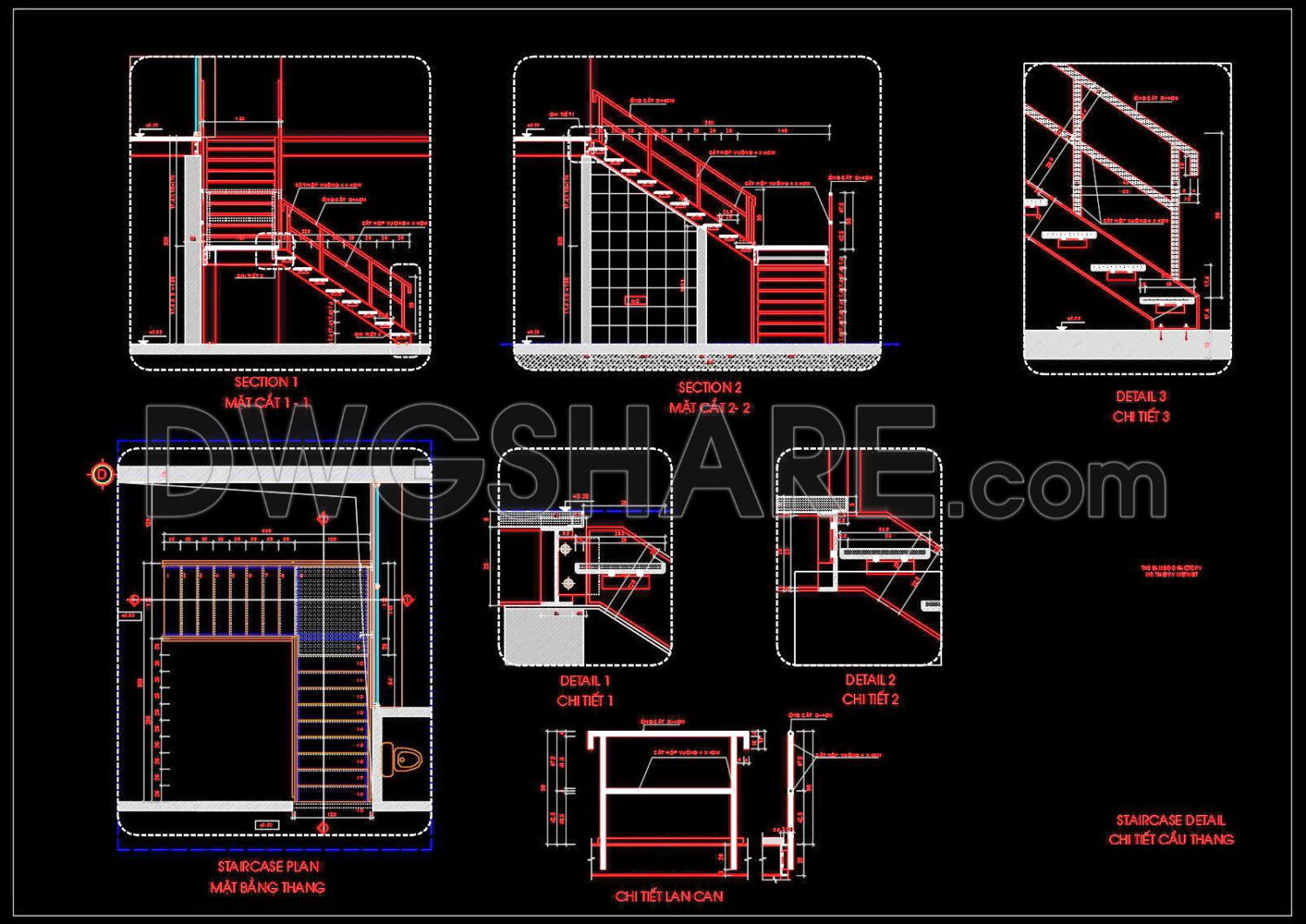 143. Detailed drawings of stairs in autocad file