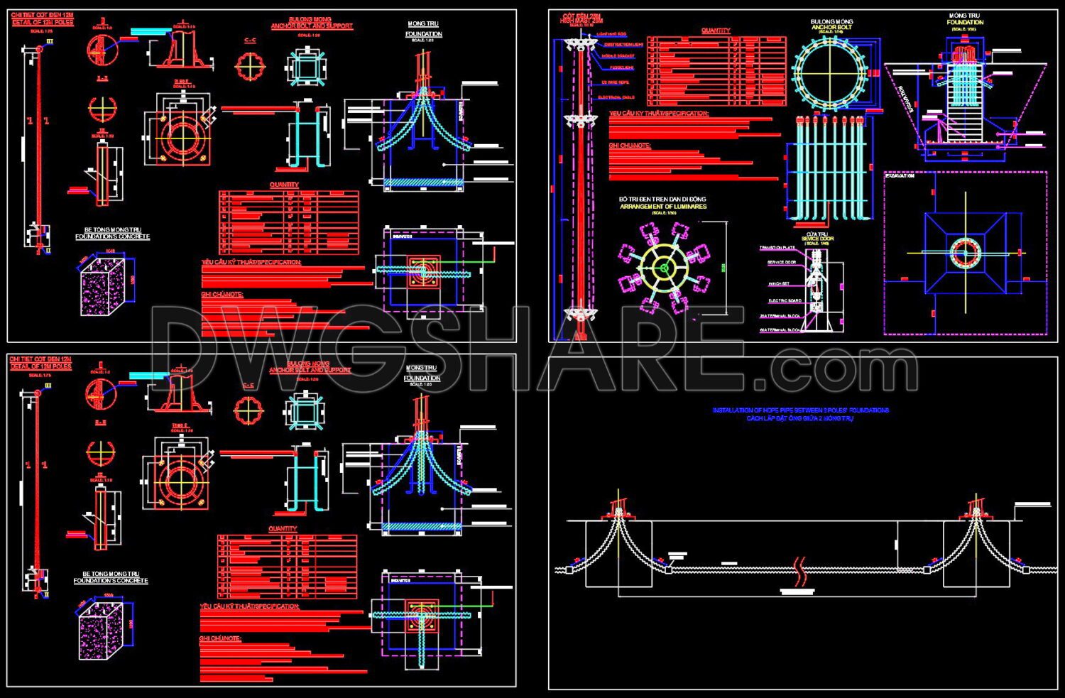 147. Cad Drawing Of Lighting Pole Foundation and Electrical Details For ...