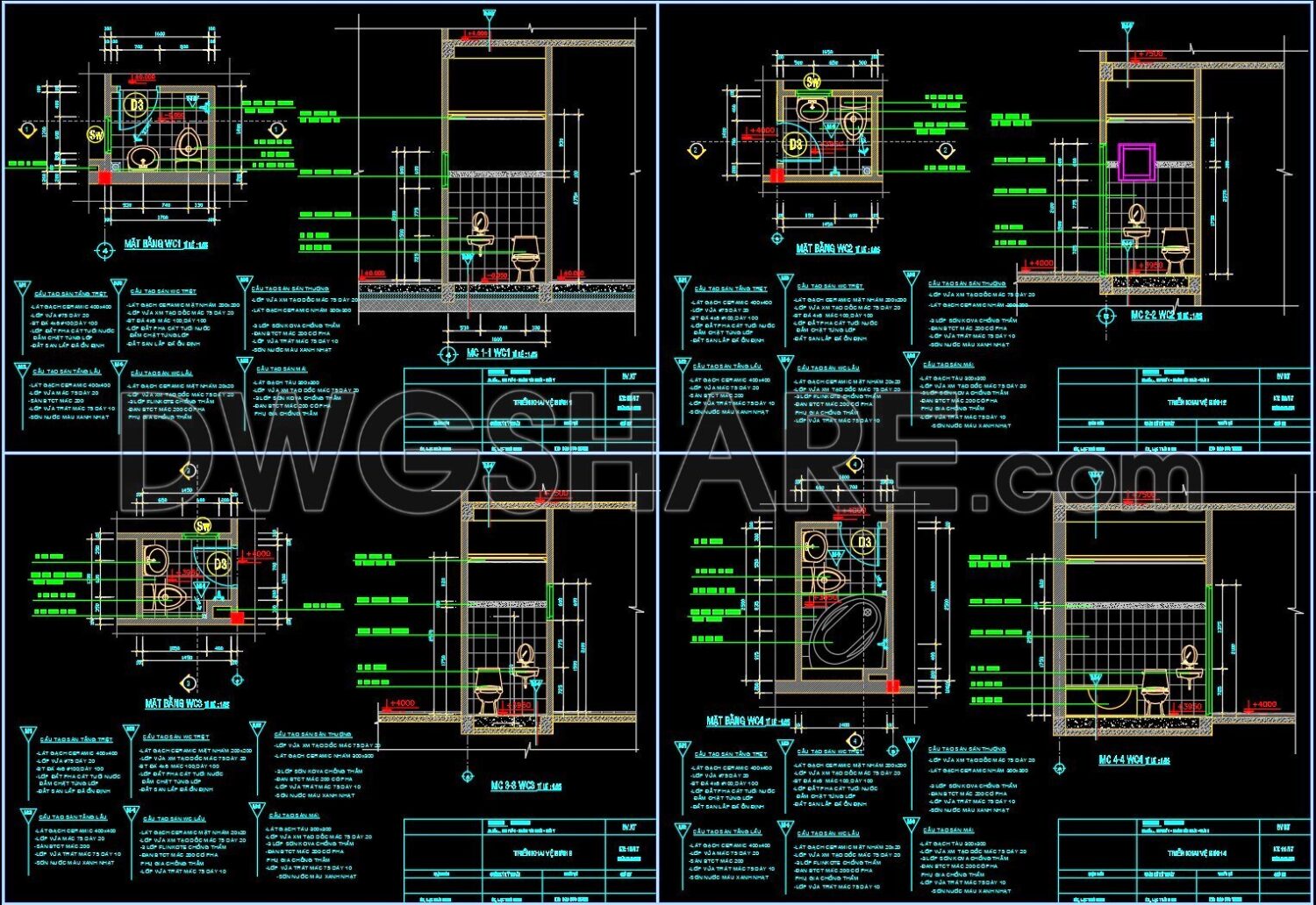 151. WC Layout Plan and elevations details CAD drawings download