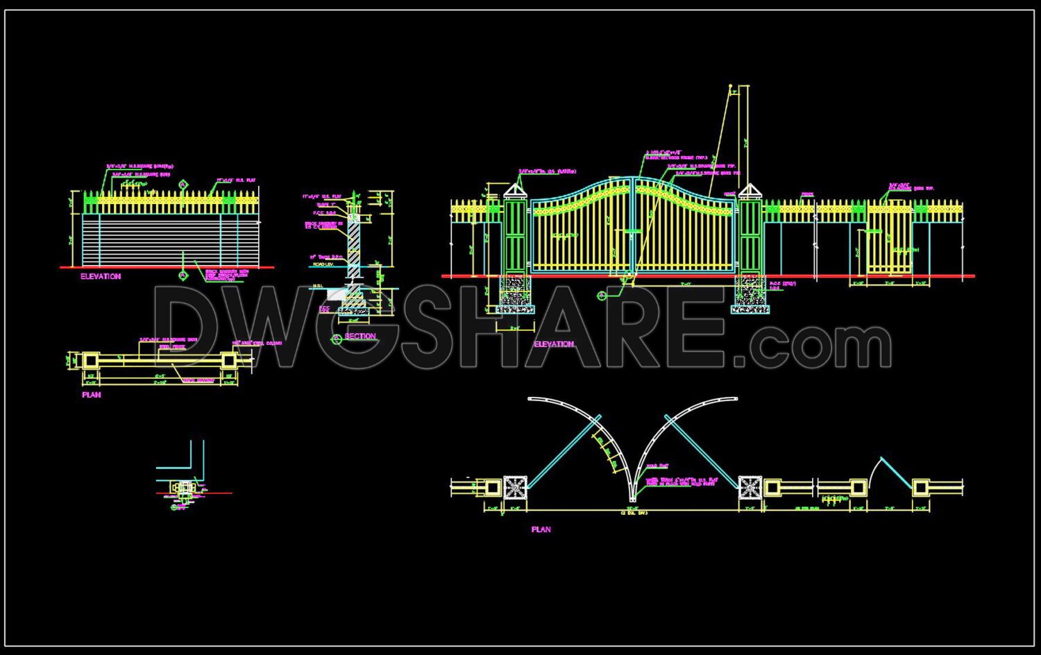 152. Cad Drawing Of Steel Gate Plan Elevation and Sections Details For ...