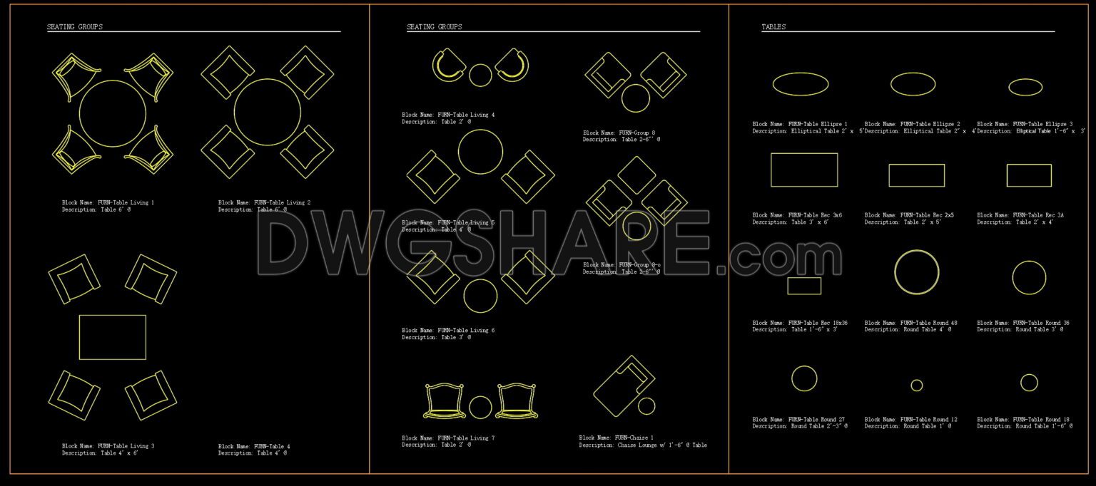 246. CAD blocks of chairs, sofas, and dining tables for living rooms