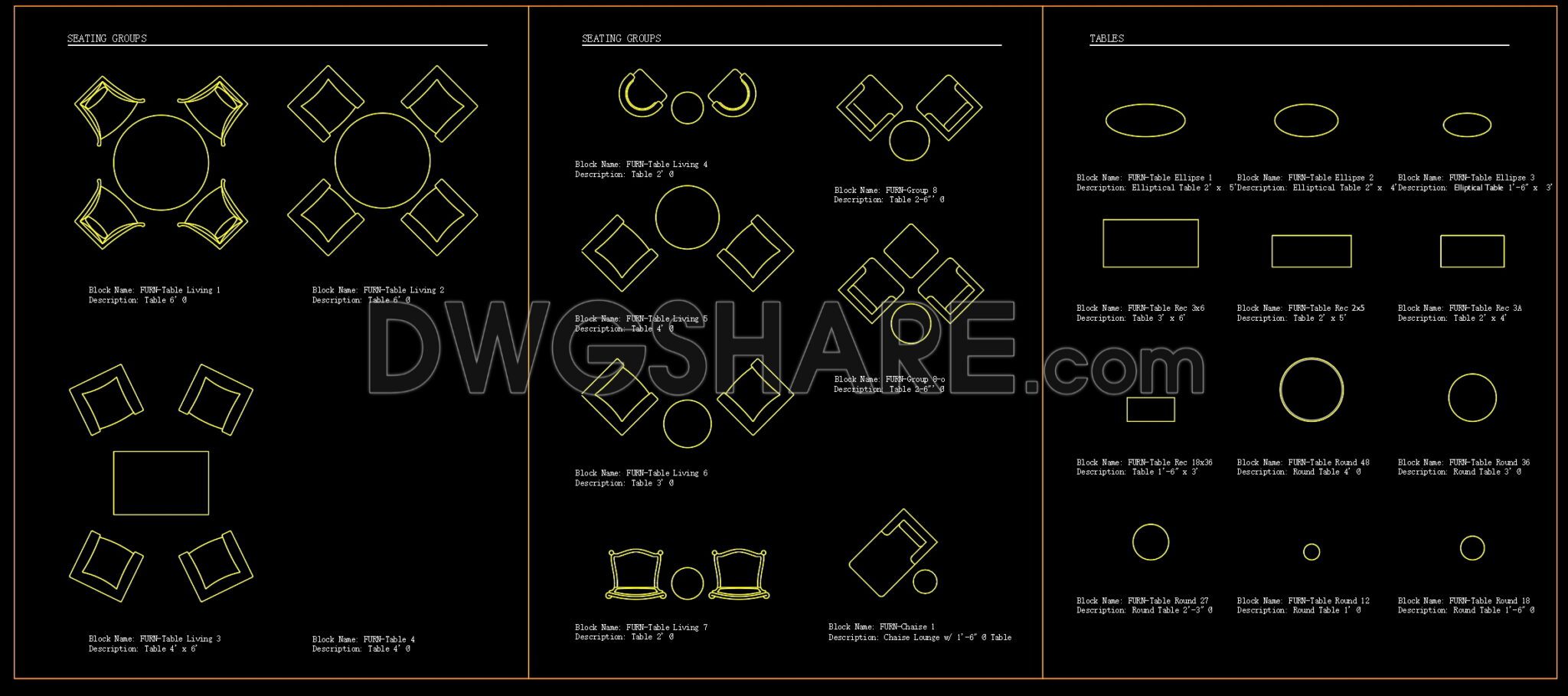 246. CAD blocks of chairs, sofas, and dining tables for living rooms