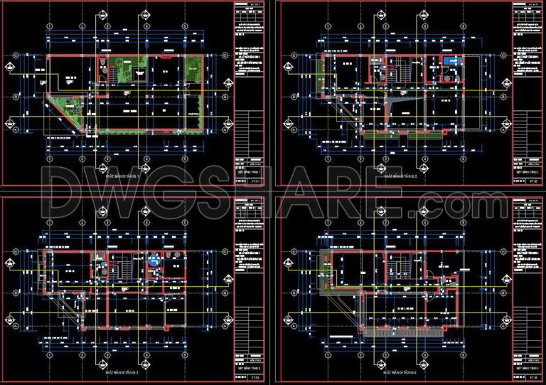247. The CAD drawings of the floor plans and elevations of a 4-story ...