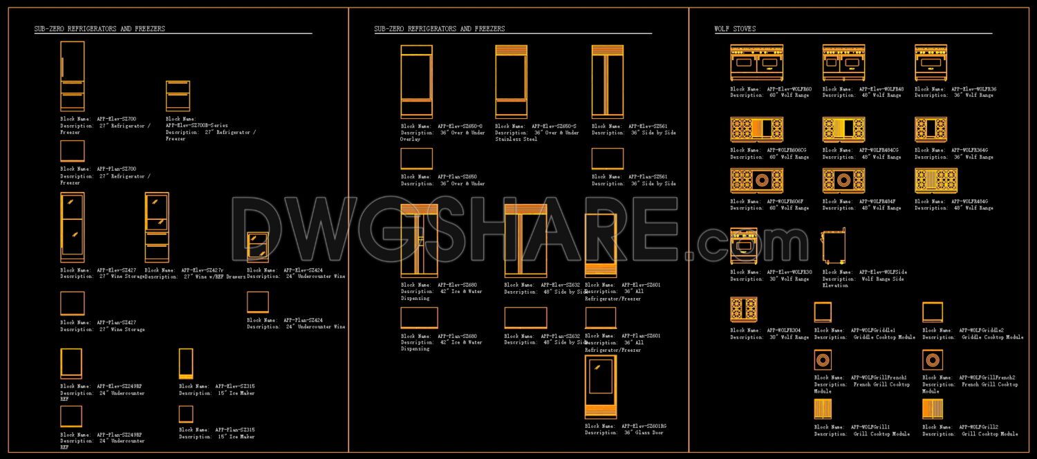 250. CAD blocks for refrigerator, freezer, oven, and various types of doors